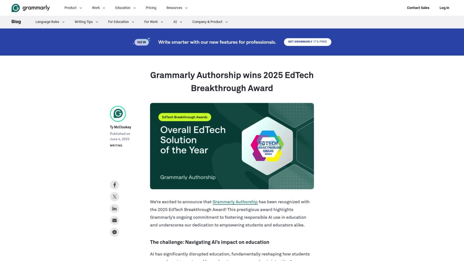 Grammarly Authorship Wins 2025 EdTech Breakthrough Award – Agile Writing